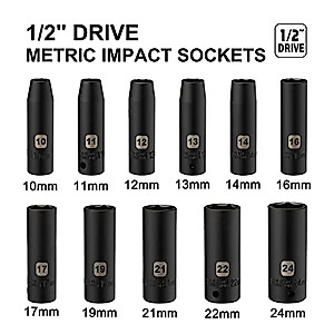 Mayouko 1/2" Drive Deep Metric Impact Socket Set, CR-V, 6 Point, 11 Pieces, 10mm to 24mm