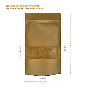 Palmhomee Pack of 48 Kraft Stand Up Pouches Kraft Pouches with Window Zip Lock Pouches Sealable Bag Foil Pouch Self Sealing Pouch for Food Storage (4.7x8 inch, Brown)