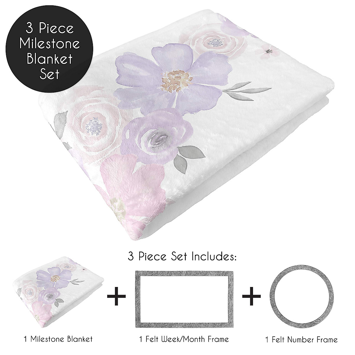 Sweet Jojo Designs Watercolor Floral Girl Milestone Blanket Monthly Newborn First Year Growth Mat Baby Shower Memory Keepsake Gift Picture - Lavender Purple, Pink and Grey Boho Shabby Chic Rose Flower