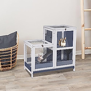 2-Story Guinea Pig Cages Wooden Indoor Rabbit Hutch Hamster Cage with Openable Roofs, Removable Tray and Wide Ramp, Small Animal Habitats for Hamsters, Guinea Pig, Ferrets, Hedgehog