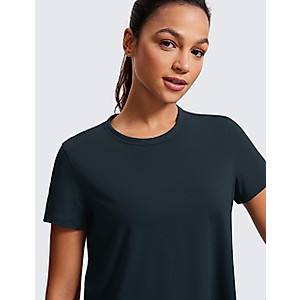 CRZ YOGA Women's Pima Cotton Short Sleeve Crop Tops High Neck Cropped Workout Shirts Yoga Athletic Casual T-Shirt True Navy Medium