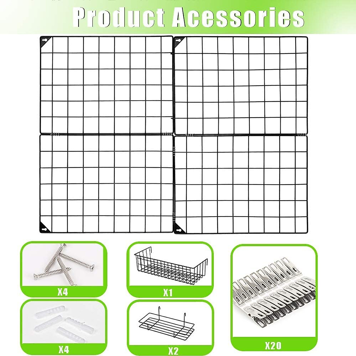 NEX Wall Grid Panel with Grid Baskets, Wire Wall Grid, Photo Picture Display, Memo Board, Wall DIY Decor Storage Organizer, 32.68'' x 23.82''