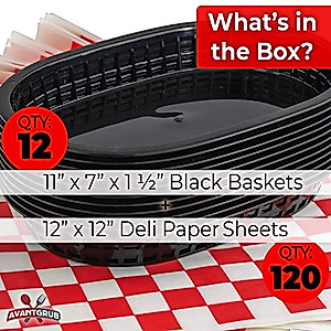 Retro Style Black Fast Food Basket (12Pk) and Red Checkered Deli Liner (120Pk) Combo. Classic 11 In Deli Baskets Are Microwavable and Dishwasher Safe. Disposable Deli Paper Squares for Easy Cleanup