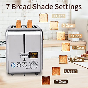 SEEDEEM Toaster 2 Slice, Stainless Steel Bread Toaster with Colorful LCD Display, 7 Bread Shade Settings, 1.4'' Wide Slots Toaster with Bagel/Defrost/Reheat Functions, Removable Crumb Tray, 900W, Silver Metallic