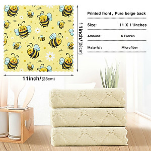JIPONI 6 Pack Kitchen Dishcloth, Cute Honey Bee Cartoon Absorbent Dish Towels Reusable Soft Cleaning Cloths 11 x 11 inch