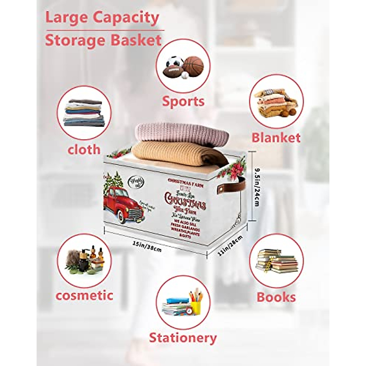 Christmas Cube Storage Organizer Bins with Handles,1PC 15x11x9.5 Inch Collapsible Canvas Cloth Fabric Storage Basket,Xmas Red Truck Winter Snowy Tree Poinsettia Flower Kids' Toys Bin Boxes for Shelves