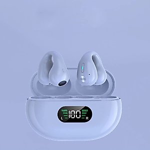 Wireless Ear Clip Skeleton Conduction Headphones, 2024 Open Ear Headphones Wireless Bluetooth, Skeleton Conduction Headphones Bluetooth Earphones for Running, Sports, Cycling (White battery display)