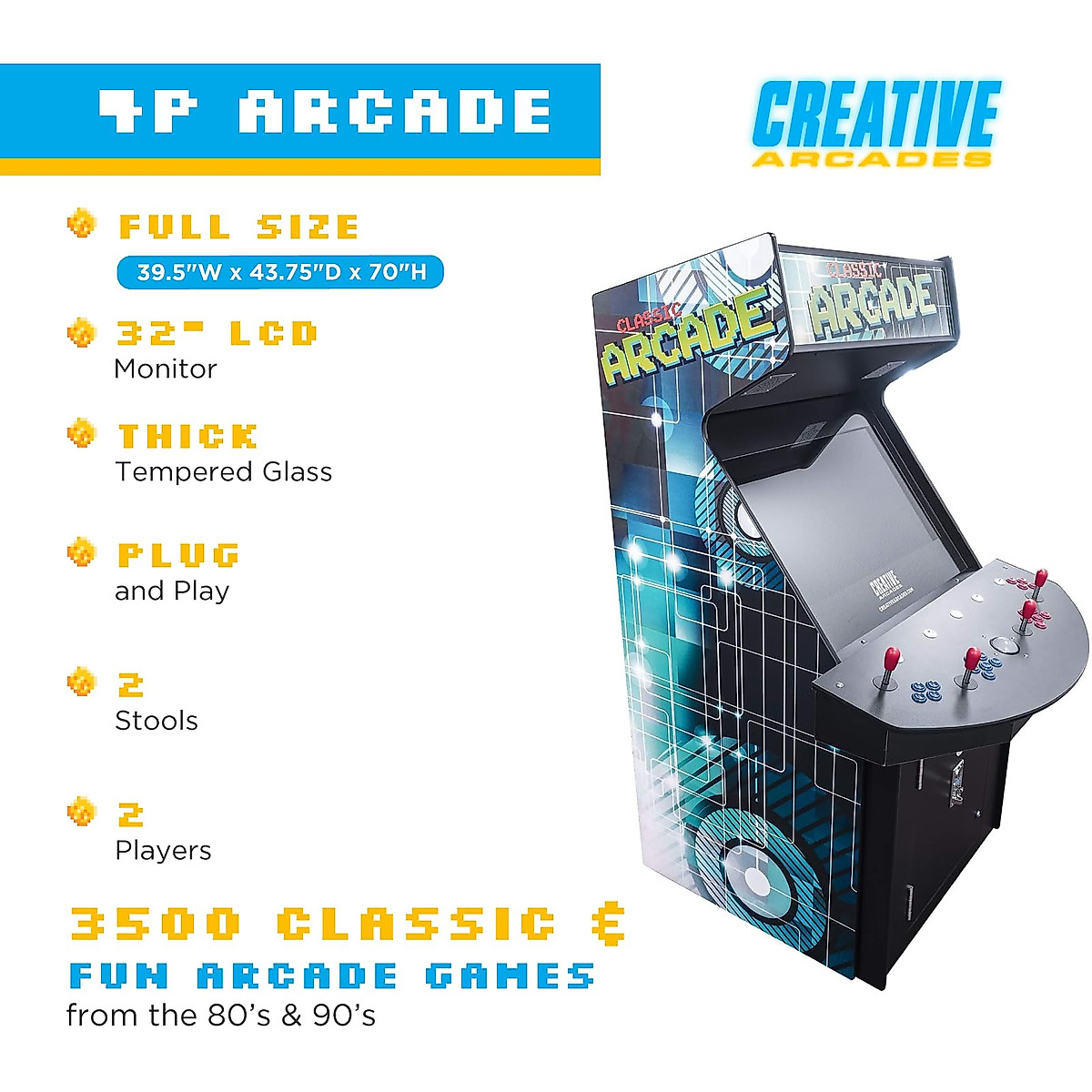 Creative Arcades Full Size Stand-Up Commercial Grade Arcade Machine | 4 Player | 3500 Games | 32" LCD Screen | 4 Sanwa Joysticks | Trackball | 2 Stools Included | 3 Year Warranty