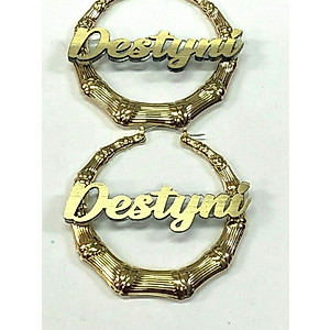 Stylish Bamboo Earrings Personalized Custom Gold 1.5, 2.5, 3.5" Size and Background Color Choice Hoop Name Plate Laser Cut Made To Order - Any Name Script Cursive Letters Stunning, Quality, Attractive (3.5" Bamboo Earrings)