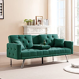 Eafurn Convertible Futon Sofa Bed, Soft Upholstered Loveseat Adjustable Sleeper Couch,Button Tufted Sofa & Couch with Removable Pillow Top Armrests and 2 Cup Holders, Green