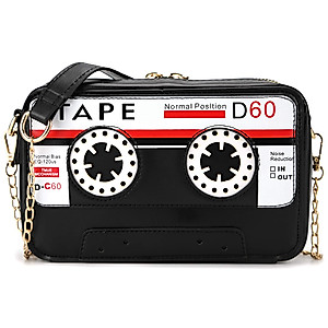 QiMing Retro Tape Shaped Evening Purse,PU Audio Cassette Crossbody HandBag for Women(Black3)