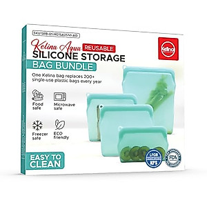 Kelina 4-Packs Reusable Silicone Storage Bag,Food Storage Container Set,Microwave and Dishwasher Safe,Leak-free,Aqua