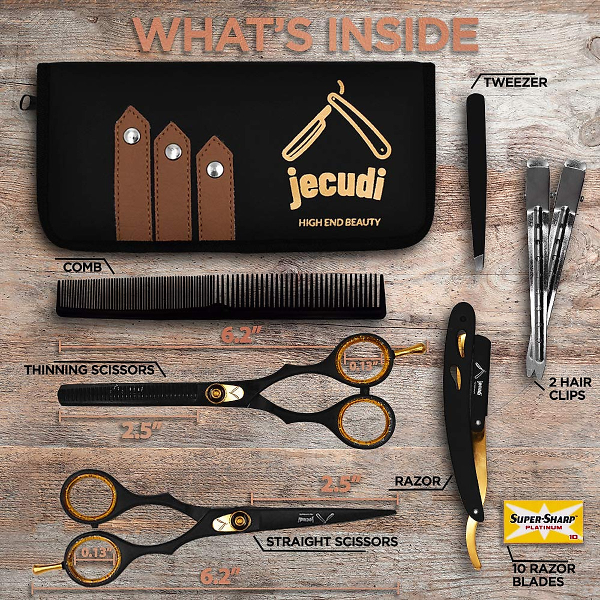 Jecudi Professional Hair Cutting Scissors Set - Handmade Japanese Stainless Steel, Includes Barber Scissors, Hair Shears, Tweezers, Razor, 10 Blades, Comb, 2 Hair Clips & Cleaning Cloth.