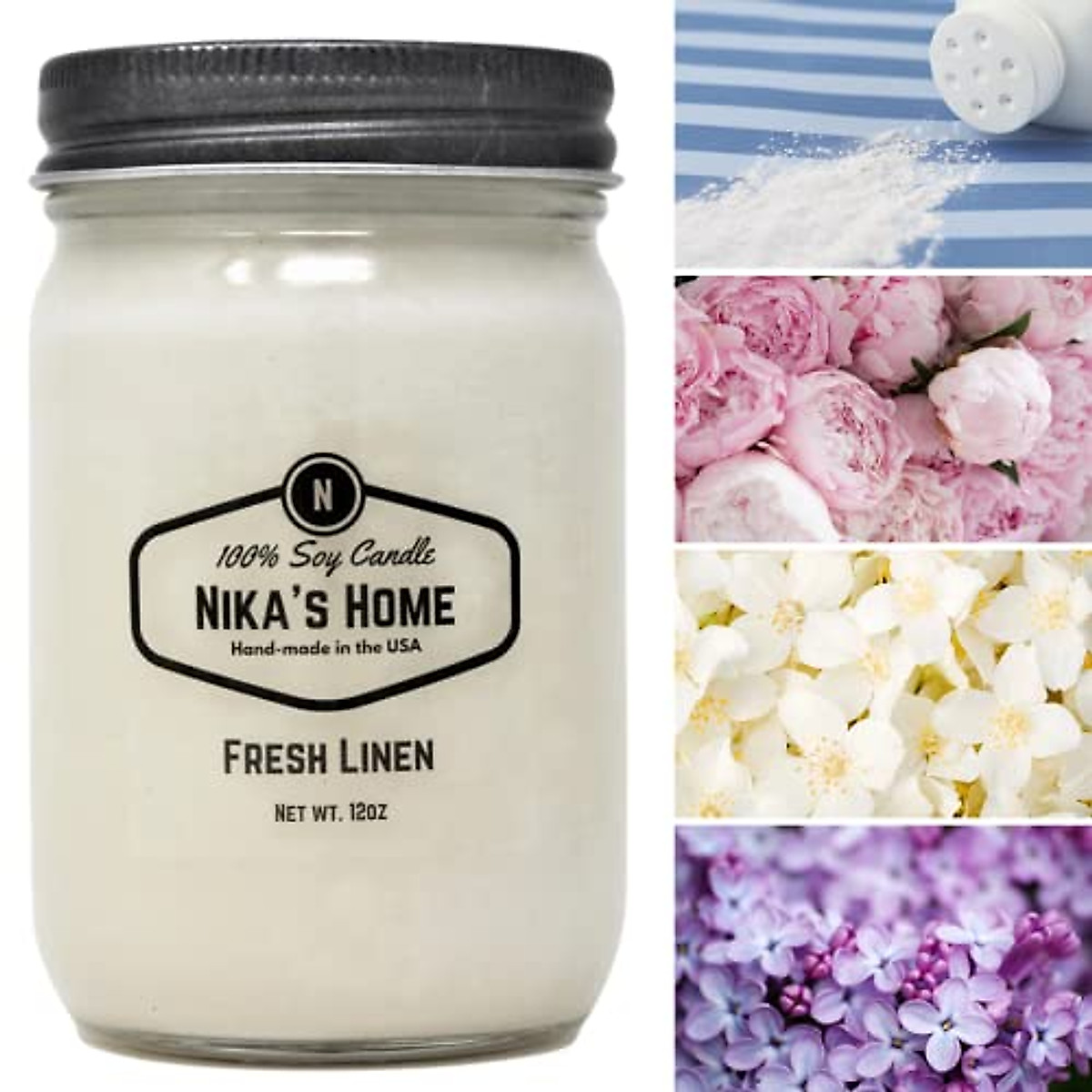Nika's Home Fresh Linen Soy Candle 12oz Mason Jar Non-Toxic Natural White Soy Handmade, Long Burning 50-60 Hours Highly Scented All Natural, Clean Burning Candle Gift Décor