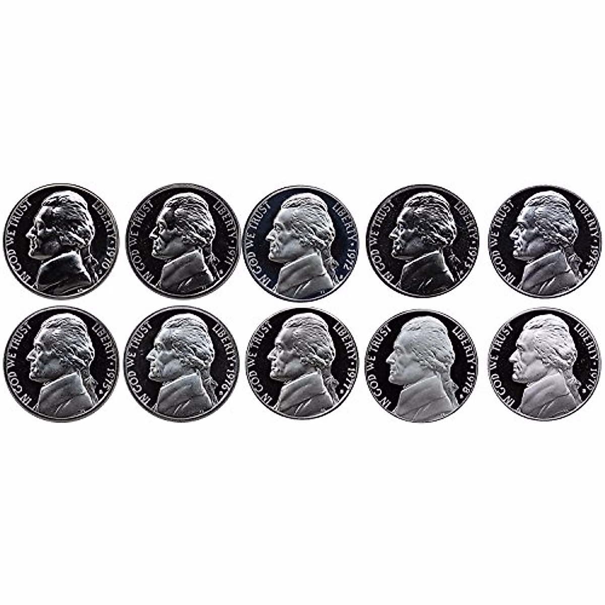 1970 S - 1979 S Jefferson Nickel Gem Proof Run 10 Coins US Mint Decade Lot Complete 1970's Set Uncirculated