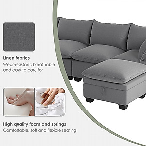 KIVENJAJA Oversized Modular Sectional Couch, Linen Fabric 7 Seater U Shaped Sofa Set with Storage Ottoman & Loose Back Cushions, Living Room Furniture Set, 118”W, Grey