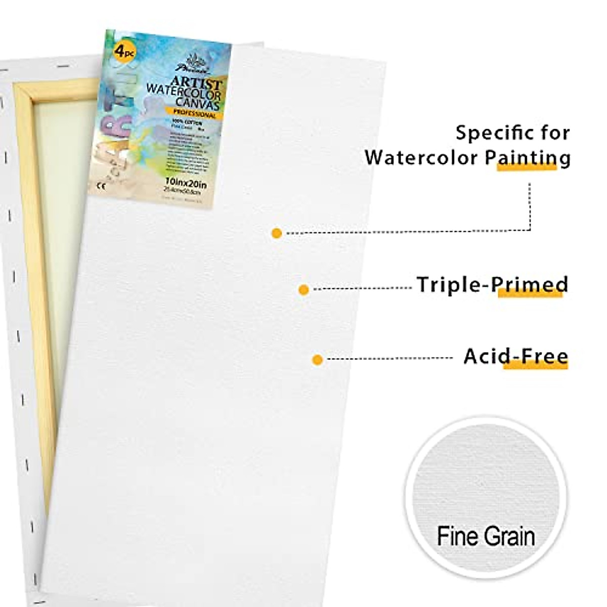 PHOENIX Watercolor Stretched Canvases, 10x20 Inch/4 Pack - 8 Oz, 3/4 Inch Profile, 100% Cotton Triple Primed White Blank Canvases for Watercolor, Acrylic, Gouache, Tempera, Crafts & Pouring Art