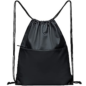 BuyAgain Drawstring Backpack Sports Water Resistant String Bag Sport Gym Sackpack for Women Men Large with Zipper, Black