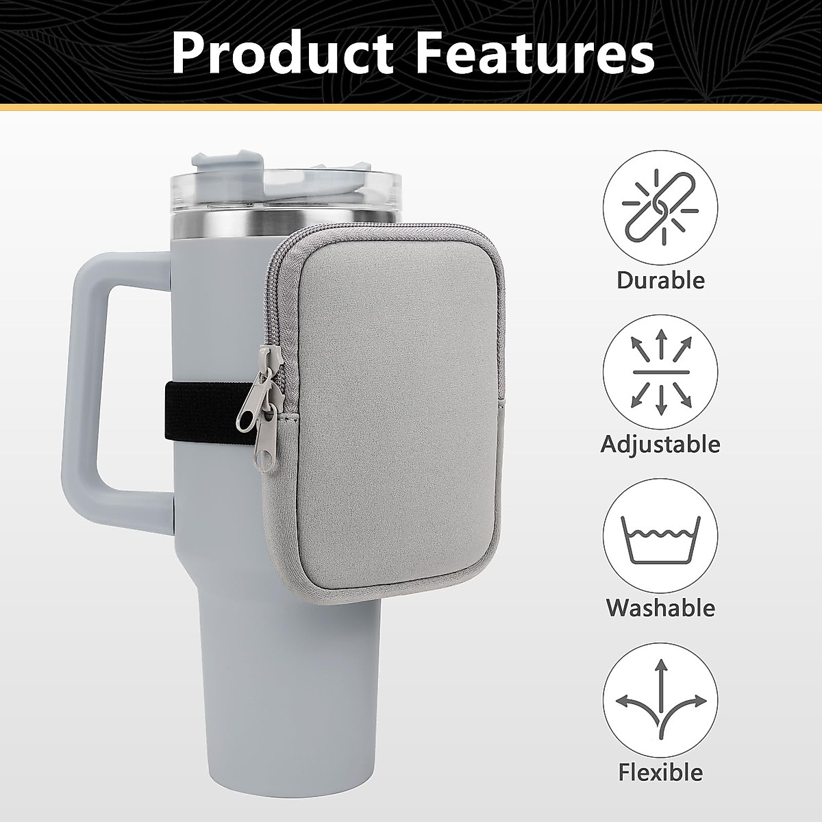 YR Water Bottle Pouch for Stanley Quencher Adventure 40oz & 30oz Tumbler, Gym Water Bottle Pouch for Stanley Cup 40oz with Handle, Water Bottle Pouch for Stanley Tumbler (Gray)