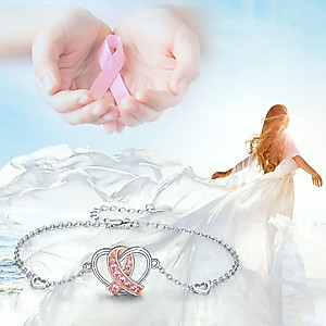 TUGHRA Breast Cancer Awareness Bracelet, 925 Sterling Silver Pink Ribbon Adjustable Chain Bracelet, Hope Jewelry Gifts for Women