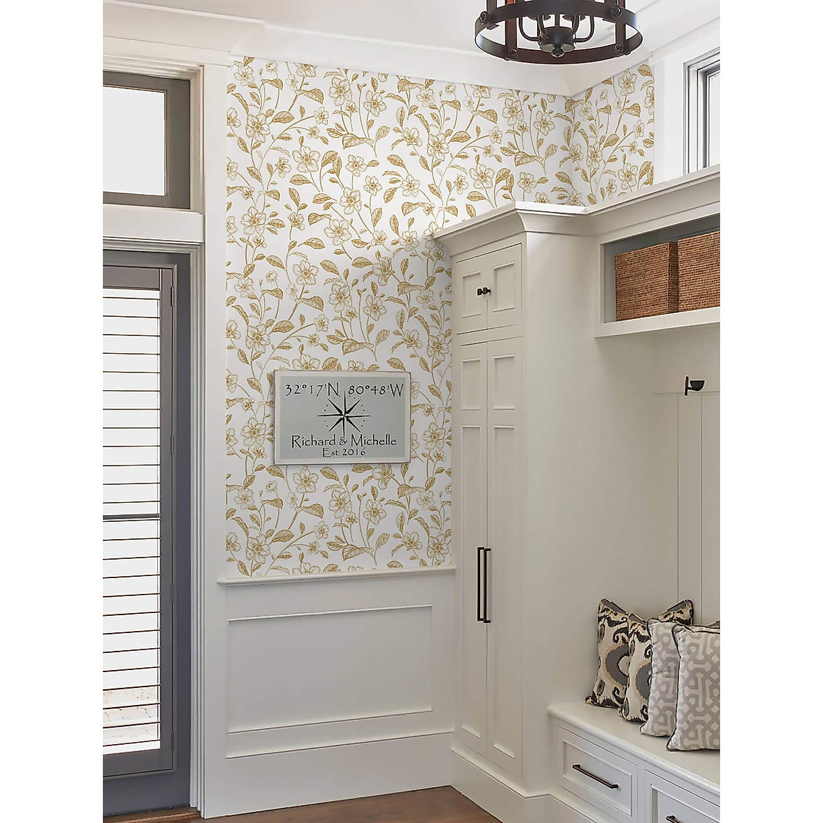 Heroad Brand Floral Peel and Stick Wallpaper Boho Contact Paper White and Gold Leaf Wallpaper Clearance Peel and Stick Wallpaper for Cabinets Shelf Liner Vinyl Roll Self Adhesive 78.7"x17.3"