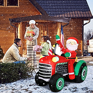 Retisee 5 Feet Tall Christmas Inflatable Santa Claus Drive Tractor with Penguin LED Holiday Outdoor Blow up Yard Decorations with Lights for Christmas Party Indoor Family Garden Lawn Decor