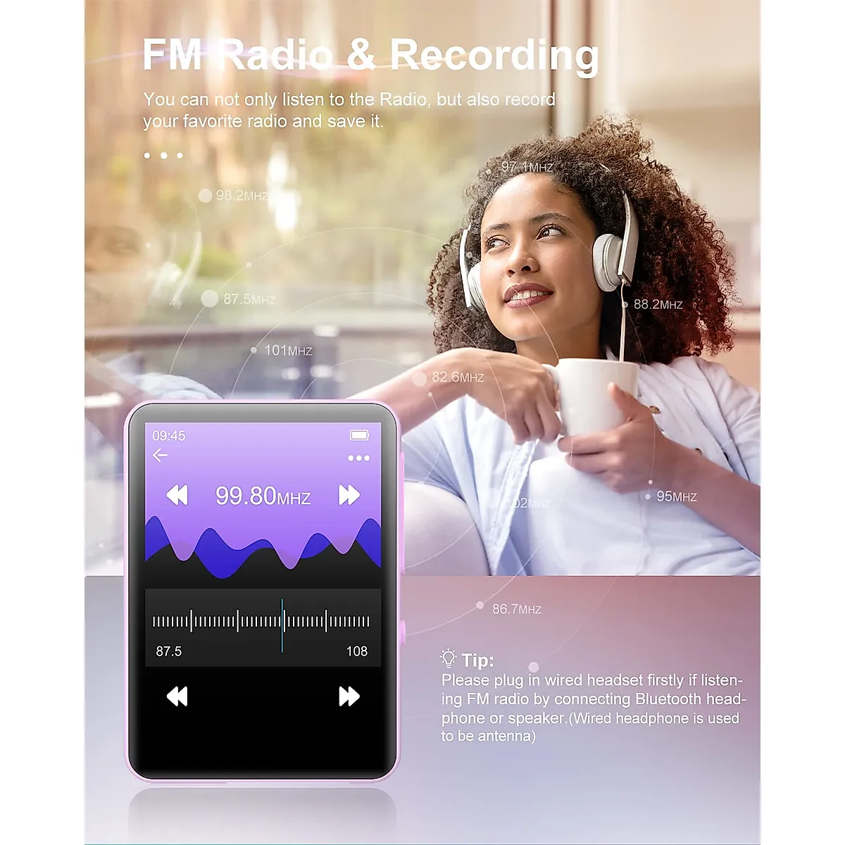 64GB MP3 Player with Bluetooth 5.3, Portable Digital Lossless Music Player with Built-in Speaker, 2.4 in Full Touch Screen, FM Radio, Line-in Voice Recorder, Earphones Included, Support up to 128GB