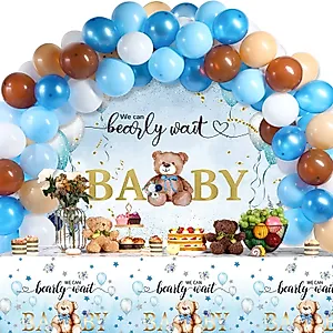 67 Pieces Bear Baby Shower Decorations Bearly Wait Bear Baby Shower Tablecloth Backdrop and Blue Brown Balloons Decorations for Kid Boy Girl Gender Reveal Birthday Party Supplies
