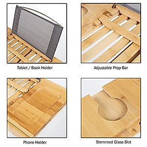 Bamboo Bath Caddy-Natural Wood Bathtub Tray with Extending Sides, Secure Cupholders and Water-Proof Book, Tablet, or Phone Holder by Lavish Home