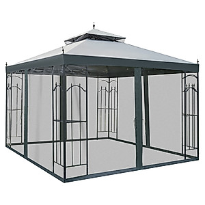 Outsunny 10' x 10' Patio Gazebo with Corner Frame Shelves, Double Roof Outdoor Gazebo Canopy Shelter with Netting for Patio, Wedding, Catering & Events, Gray