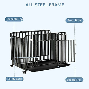 PawHut Foldable Heavy Duty Dog Cage, Chew Proof Dog Crate on Wheels, Portable Dog Crate Kennel with Removable Tray, Large and Medium Pups, 43"