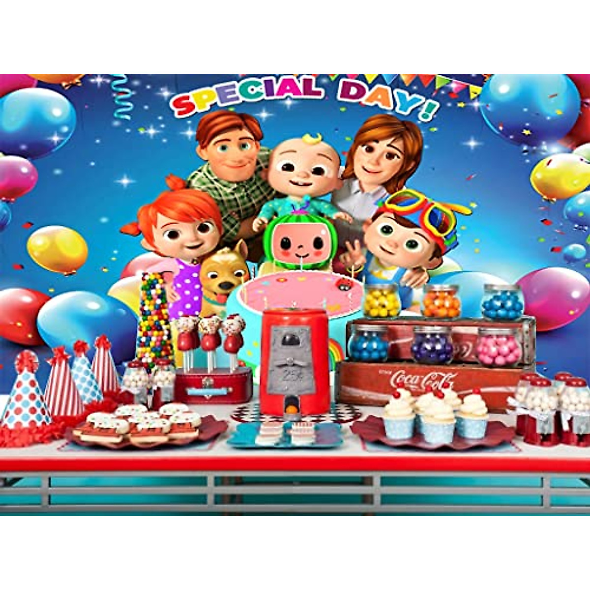 85x60 inches Cocomelon Backdrop Birthday Banner Party Decorations 7x5 ft Coco Melon Cartoon Happy Birthday Supplies Special Day Background For Multi Occasions