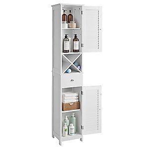 VASAGLE Bathroom Tall Cabinet, Freestanding Storage Cabinet with Shutter Doors, Drawer, and Removable X-Shaped Stand, 11.8 x 12.6 x 66.9 Inches, Scandinavian Style, White UBBC69WT
