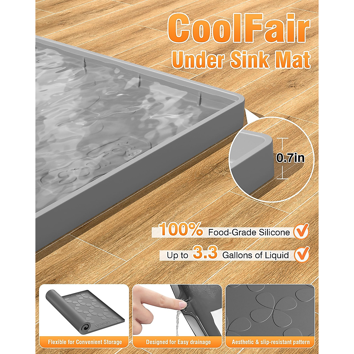 CoolFair Waterproof Under Sink Mat, 34" x 22" Silicone Mat for Kitchen Bathroom, Cabinet Liner for Kitchen Organizers and Storage Sink Drip Tray, Leaks, Easy to Clean, Holds 3.3 Gallons - Gray