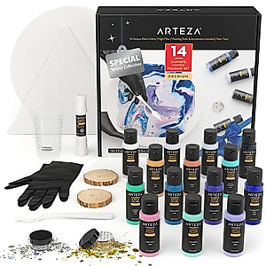 Arteza Acrylic Pouring Paint Kit, 14 Glossy Colors — 8 Pastel & Bright, 3 Iridescent, 3 Metallic, 2 x Stretched Canvas, 2 Wooden Slices, Glitter, and Paint Pouring Accessories, Multicolor,28 Piece Set