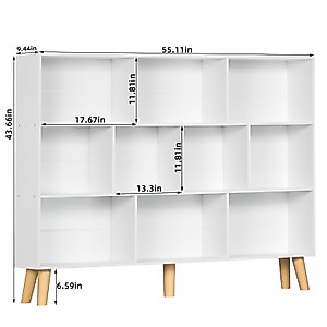 YAHARBO 10 Cube Large Bookshelf,3 Tier Bookcase with Legs,White Mid-Century Modern Bookshelves,Wide Free Standing Open Storage Organizer Shelf,Tall Wooden Book Case Furniture for Living Room,Office