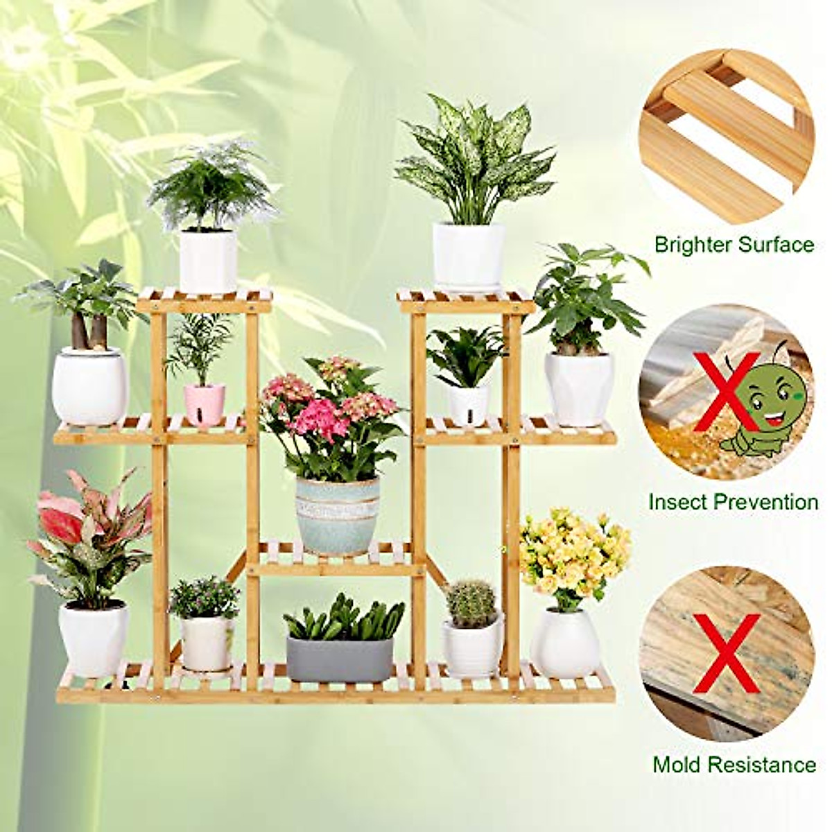 Bamboo Plant Stand Rack 4 Tier Indoor&Outdoor Multiple Flower Pot Holder Shelf Planter Display Shelving Unit for Patio Garden, Living Room, Corner Balcony and Bedroom (13 Flowerpots)