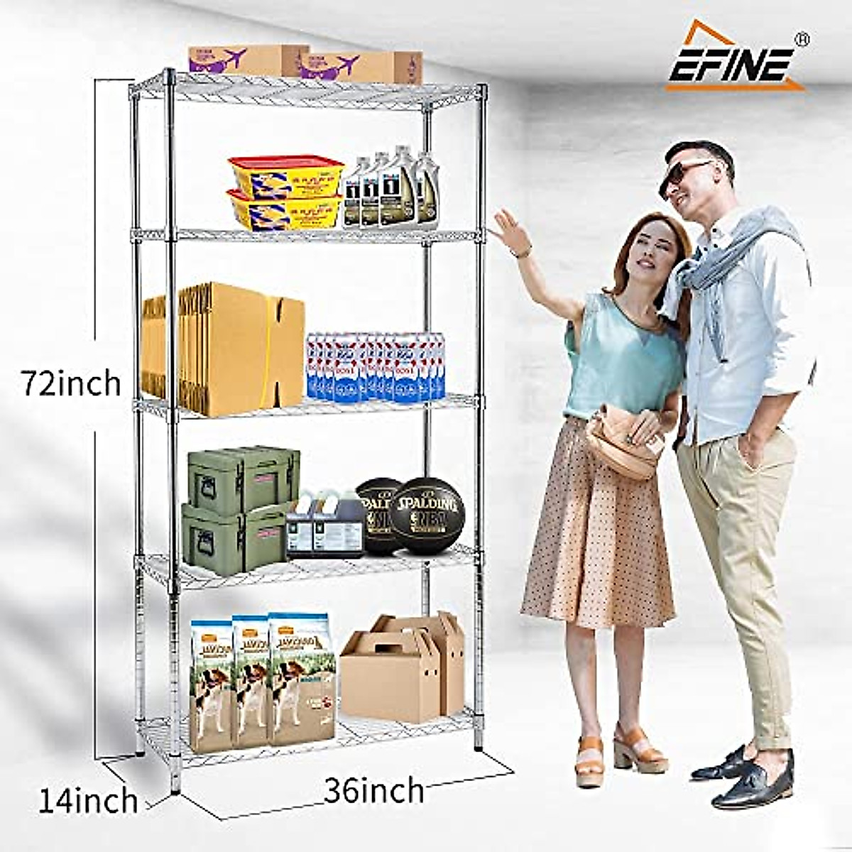 EFINE Chrome 5-Shelf Shelving Unit with 5-Shelf Liners, NSF Adjustable Heavy Duty Steel Wire Shelves, 350lbs Loading Capacity Per Shelf, Storage Rack(36W x 14D x 72H) Pole Diameter 1 Inch