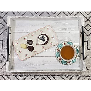 JB Joy and Bright Wooden Serving Ottoman Tray with 4 Coasters | 18x13 inch Rusted, Decorative Wood Trays for Coffee Table, Couch, Bed Ideal Appetizer, Food, Breakfast, Dessert, Tea, White (TW-1813)