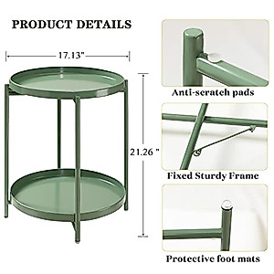 TeoKJ 2 Tier Green Side Table, Folding Round Metal End Table Small Nightstand Accent Table with Two Removable Tray for Bedroom Living Room Bedside Small Spaces Dark Green