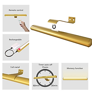 Gold Wireless Led Picture Light with Remote Control - Rechargeable Battery, Metal Art Display Accent Light, 300LM, Dimmable for Gallery, Dartboard