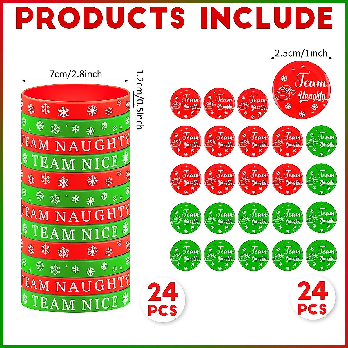 Hiboom 48 Pcs Christmas Team Naughty or Nice Party Favors Set Includes 24 Christmas Silicone Wristbands Rubber Bracelets 24 Button Pins for DIY Christmas Birthday Party Supplies