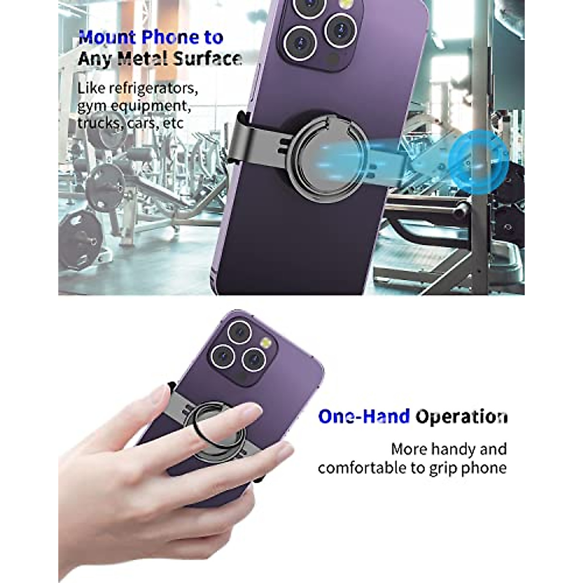 CHEEDAY Magnetic Phone Clamp Mount to Any Metal Surface, [Strong Magnet] Gym Metal Phone Clip Ring Grip for Magnetic Car Holder Compatible with iPhone 12 13 14 Pro Max, Most Phones and Cases, Gray