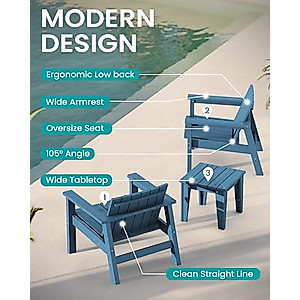 SERWALL Adirondack Chair Set with Side Table, HDPE Patio Bistro Set- Navy Blue