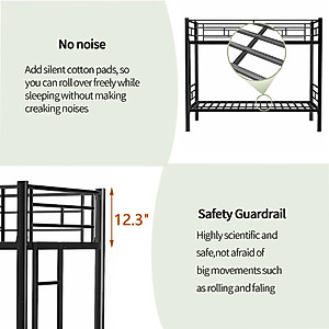 QSOSTNS Twin Over Twin Metal Bunk Bed for Juniors, Industrial Twin Bunk Beds Frame with Ladder & Full-Length Guardrail, Space-Saving, Easy Climbing & Assemble (Black)