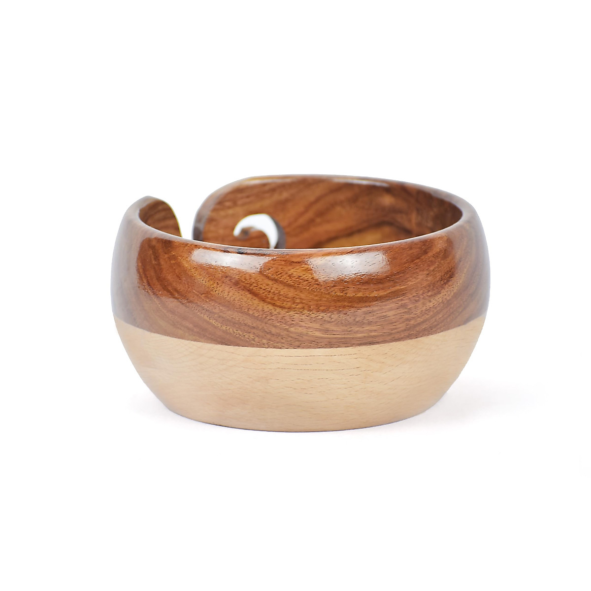 CRAFT INDIA Large Wooden Yarn Bowl | Handmade Knitting Wool Storage Bowl | Yarn Holder Dispenser with Holes to Prevent Slipping and Tangles for Knitting & Crocheting (Brown & Offwhite)