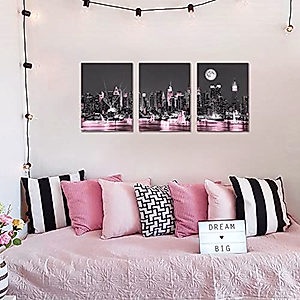 Sycdeor Romantic Black and Pink New York City Night Scenes Canvas Wall Art- Modern Cityscape Sailboat Building Prints Painting for Living Bedroom Home Decor 3Panels Each 12"x16"