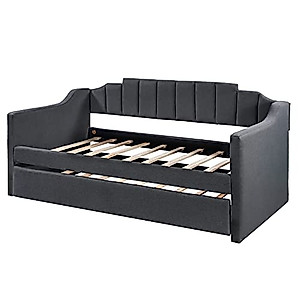 Twin Upholstered Daybed with Trundle Modern Sofa Bed Wooden Day Bed Frame for Living Room Bedroom Guest Room, Twin Size, Black