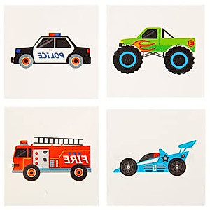 Party Supply Cars and Trucks Party Favors - Temporary Tattoos - Monster Truck, Racecar, Fire Truck, Police Car - 24 Cute Square Tattoos