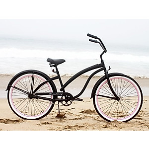 Firmstrong Bella Fashionista Women's Beach Cruiser Bicycle, Single Speed Bicycle, 26 Inch Wheels, Matte Black with Pink Rims